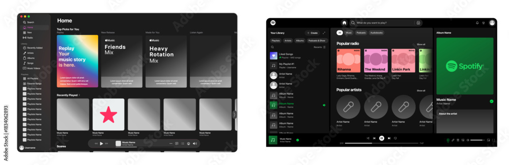 Apple Music and Spotify Web Desktop App with mobile home screen UI ...