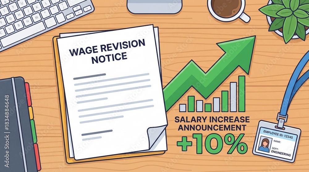 Wage revision notice document on desk with calculator smartphone growth ...