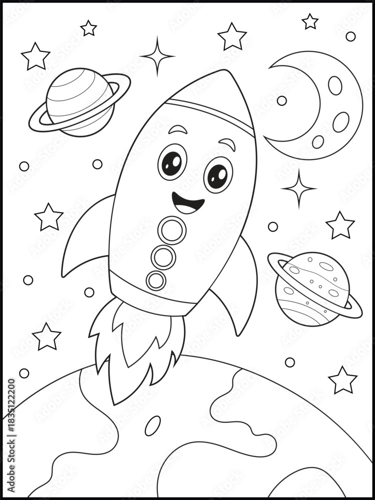 Cute Rocket Ship Flying Above Earth with Planets, Stars, and Moon. Fun ...