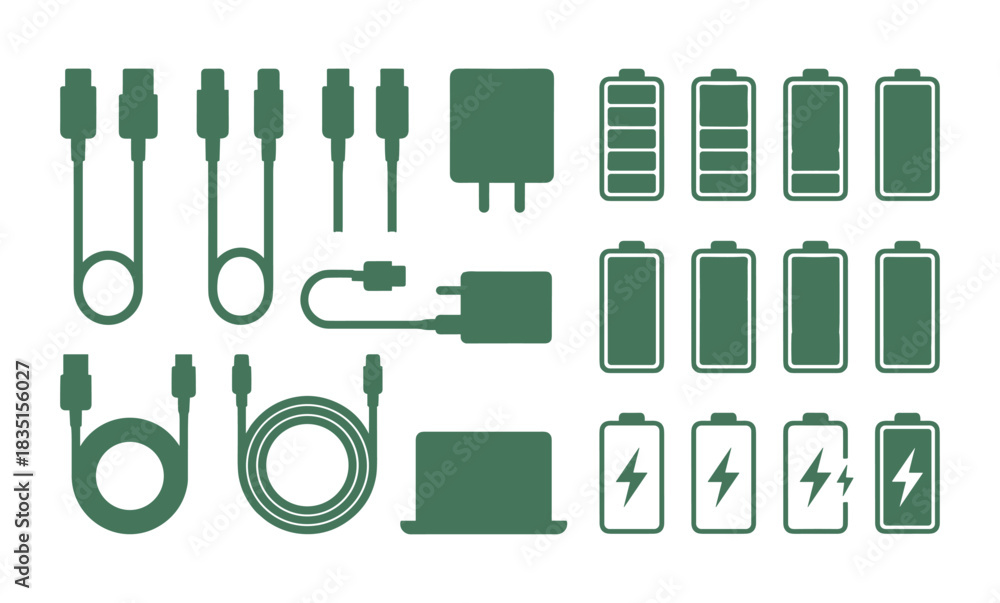 Monochrome silhouette charger cable battery icons electronic device ...