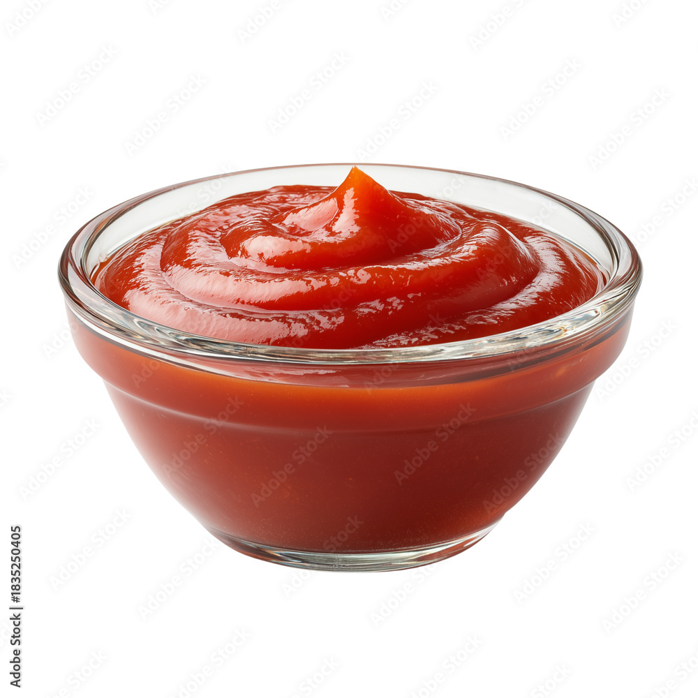 Bright red tomato ketchup in a clear glass bowl, isolated for culinary ...