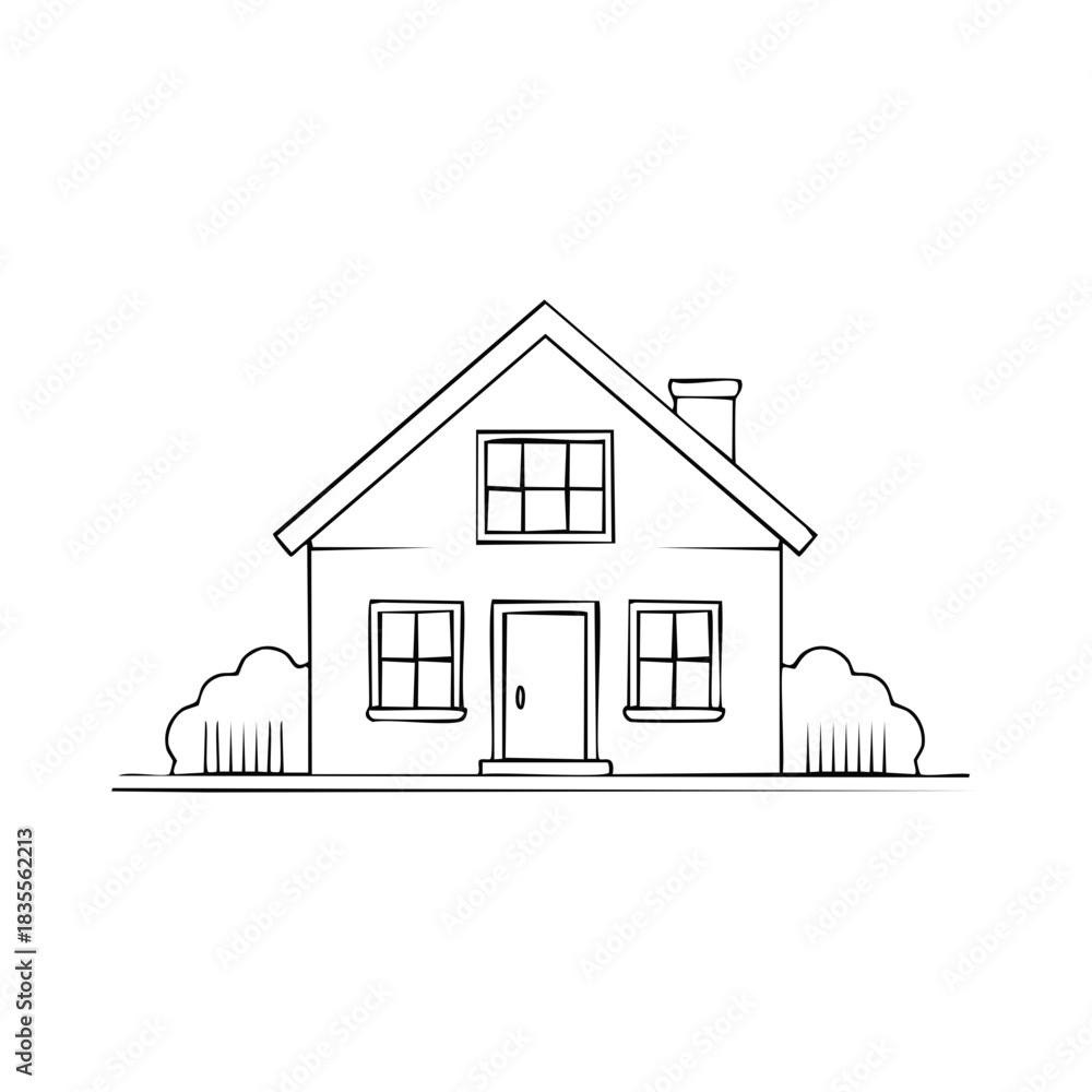 Simple line drawing of a detached house with a pitched roof and chimney ...