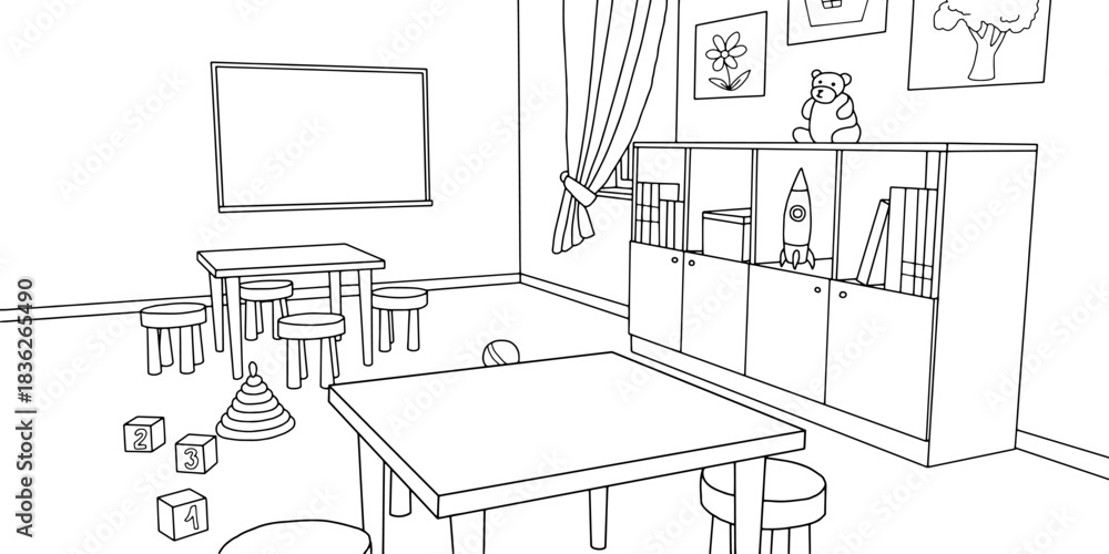 Preschool classroom graphic black white interior sketch illustration ...