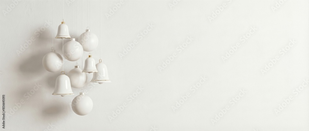 Cluster of white ceramic bells hanging on plain white wall. Minimalist ...