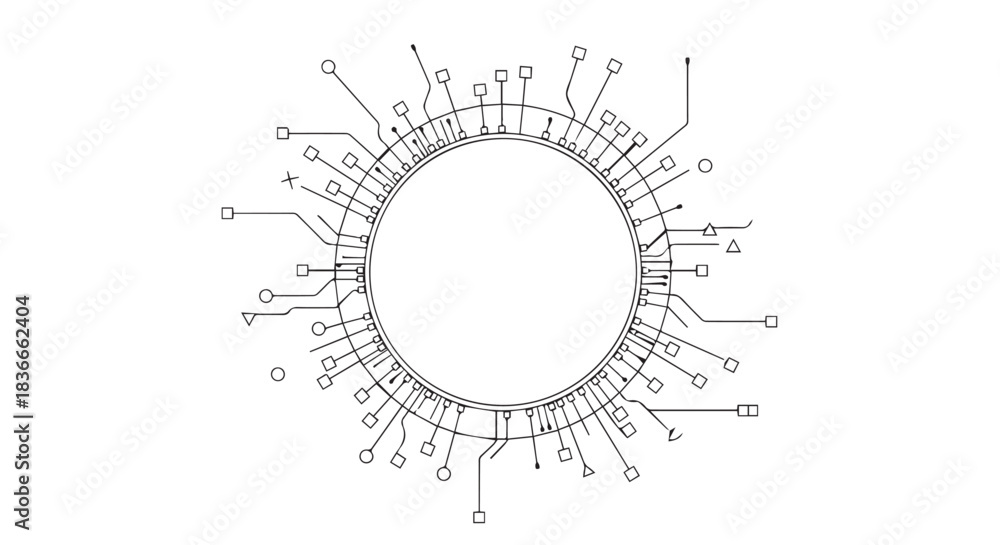 Radial circular diagram showing a network of labeled nodes around a ...