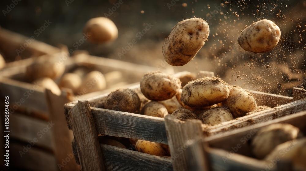 Workers are collecting and dropping freshly harvested potatoes into ...