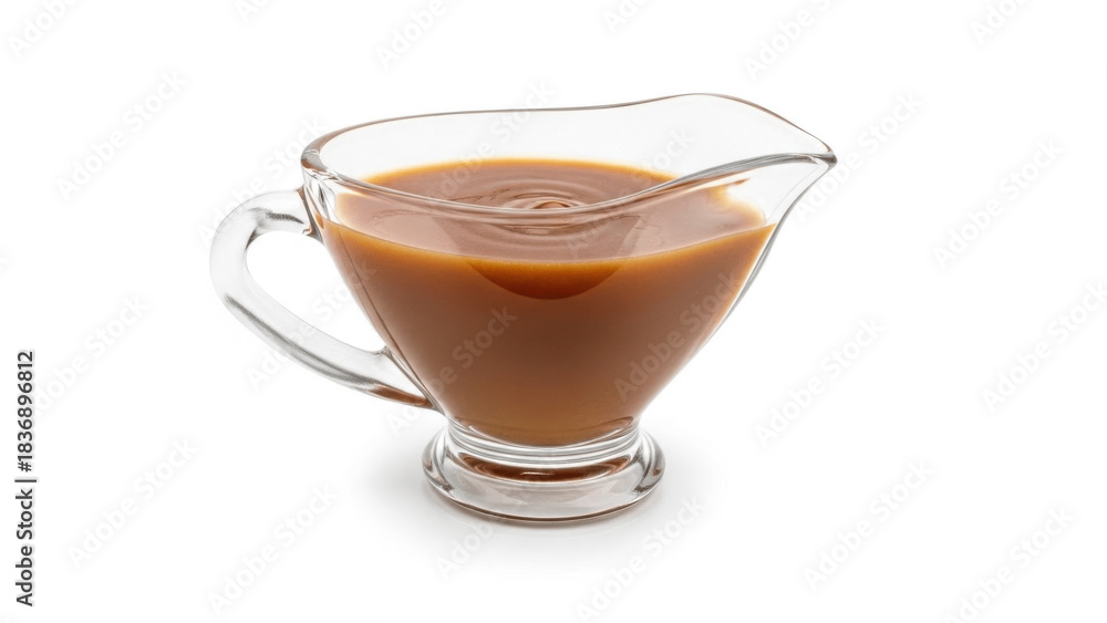 Elegant clear glass gravy boat filled with rich brown sauce, featuring ...