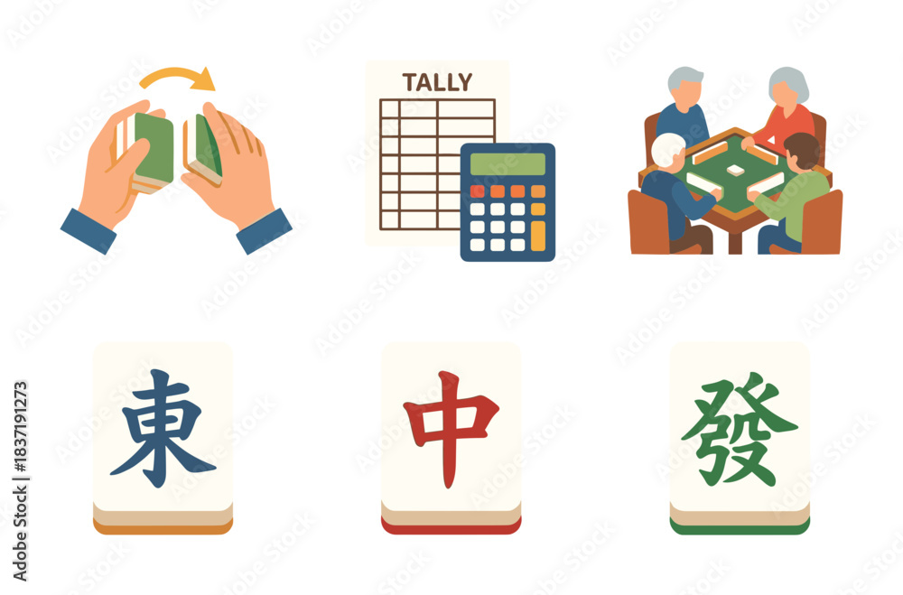 Mahjong game setup and play icons, featuring shuffling tiles, tally ...