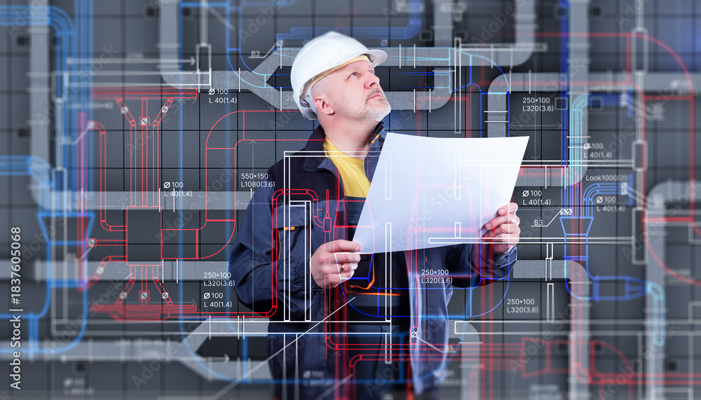 Ventilation engineer evaluates airflow schematics, reviewing duct ...