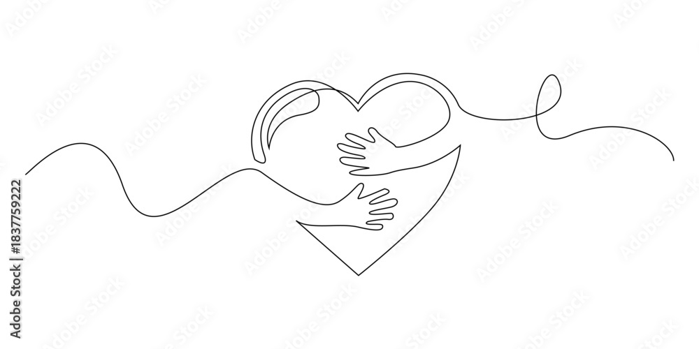 Continuous line drawing of hands gently hugging a heart. One line ...