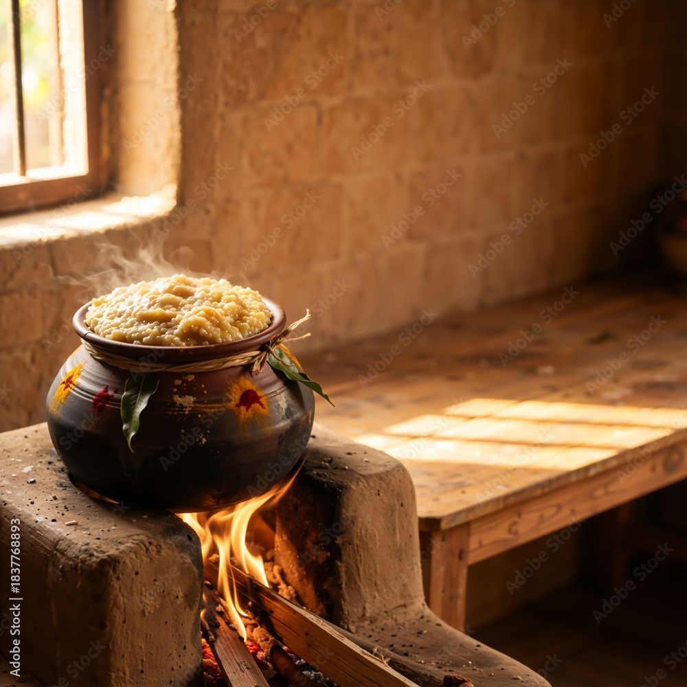 Traditional Pongal dish cooking in a clay pot on a rustic mud stove ...