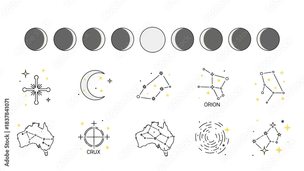 Celestial chart featuring moon phases constellations including Crux and ...