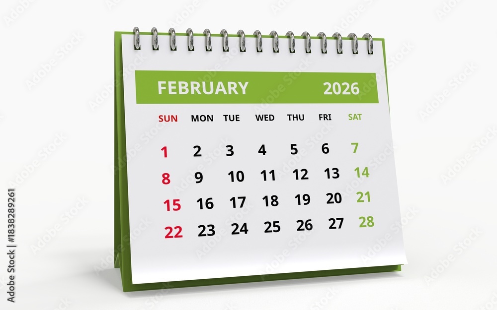 Standing Desktop calendar for February 2026, standard format with a ...
