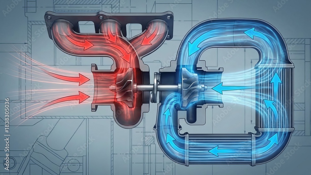 Turbocharger system diagram illustrating exhaust gases spinning the ...