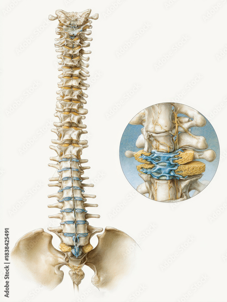 Medical and scientific diagram of human spine from cervical vertebrae ...
