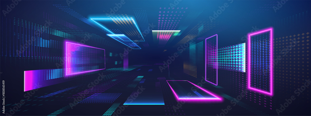 AI quantum tunnel background with data 3D abstract dots for digital ...