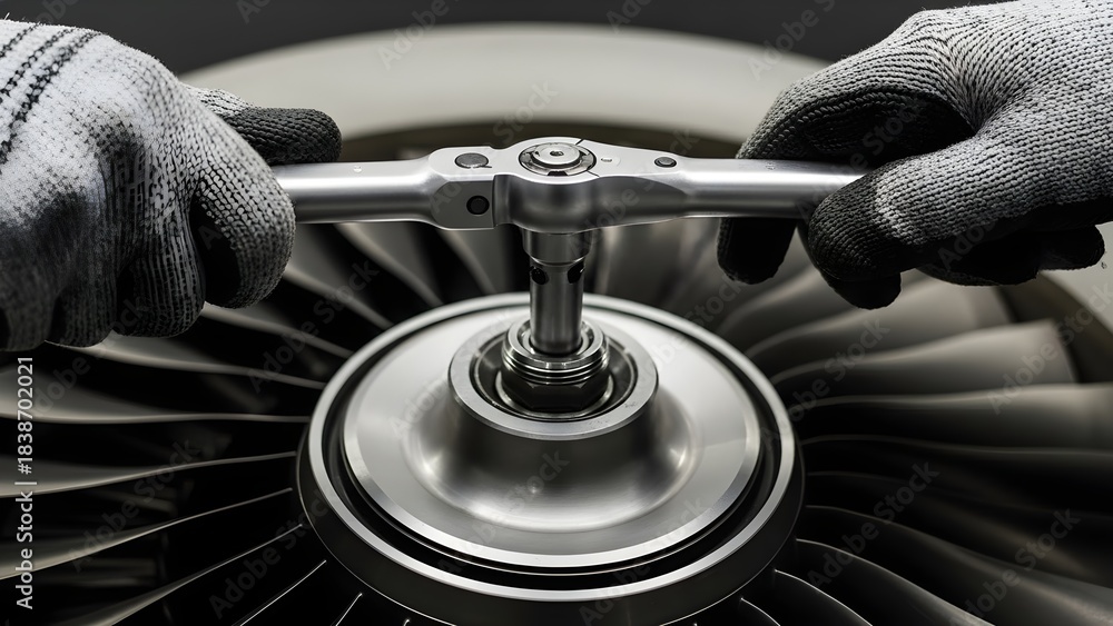 Aircraft Mechanic Hands Using Precision Torque Wrench on Jet Engine ...