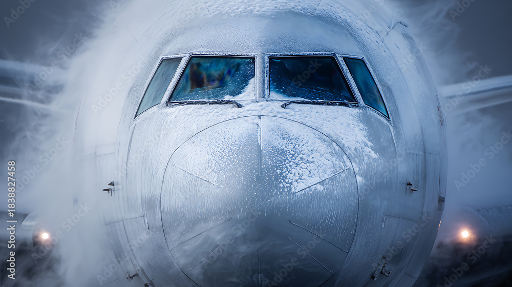 Frontal view of an airplane undergoing de-icing in cold weather ...