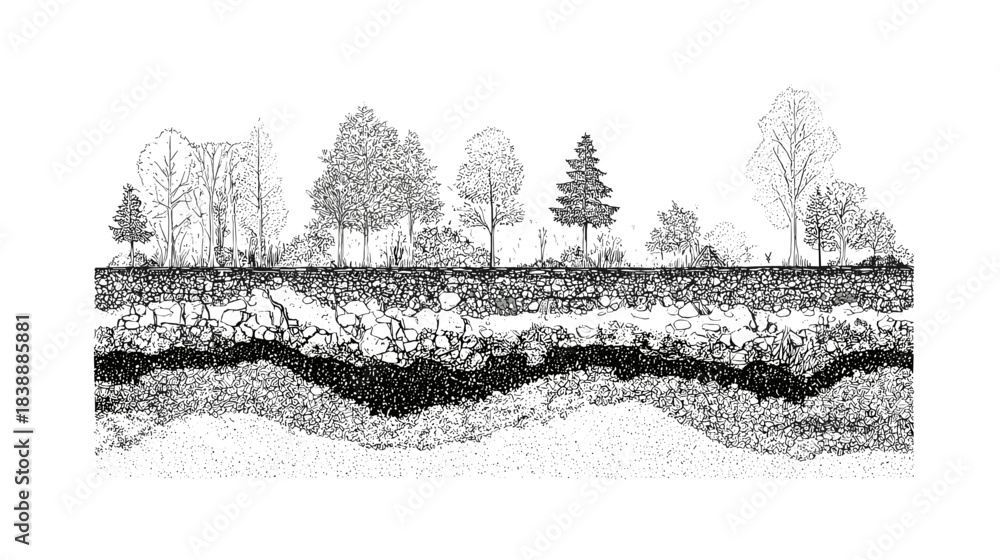 Vector de Stock Black and white line drawing of a cross section view ...