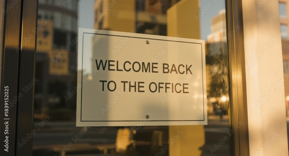 Welcome Back To The Office Sign On Glass Door Reflecting Urban Street ...
