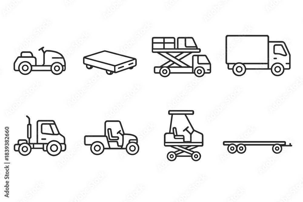 Industrial Vehicle Icons. Industrial logistics vehicles set linear set ...