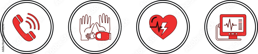 Emergency response icons illustrating phone call, CPR hands ...