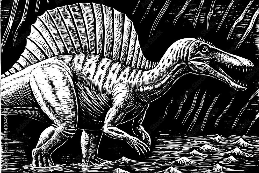 spinosaurus sketch showing its iconic back sail, elongated jaws, and ...