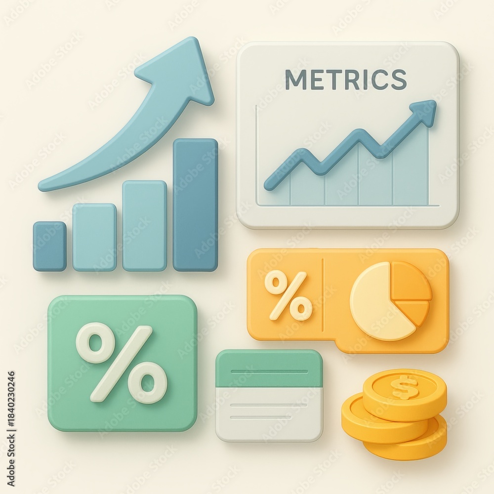 Layered arrows, graph lines, coins, budget charts, and metric cards ...