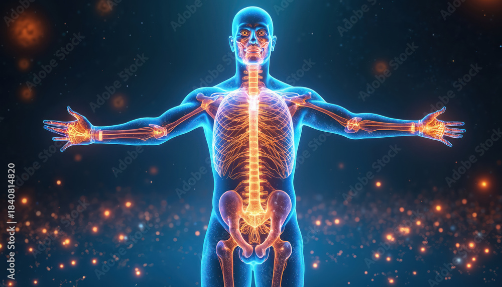 Human skeletal system shown with glowing bones and joints. Digital ...