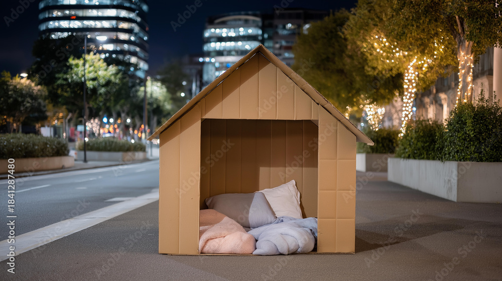 Homeless shelter made of cardboard with blankets and light beam in ...