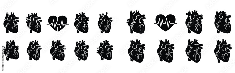 Collection of black and white human heart anatomy icons and ...
