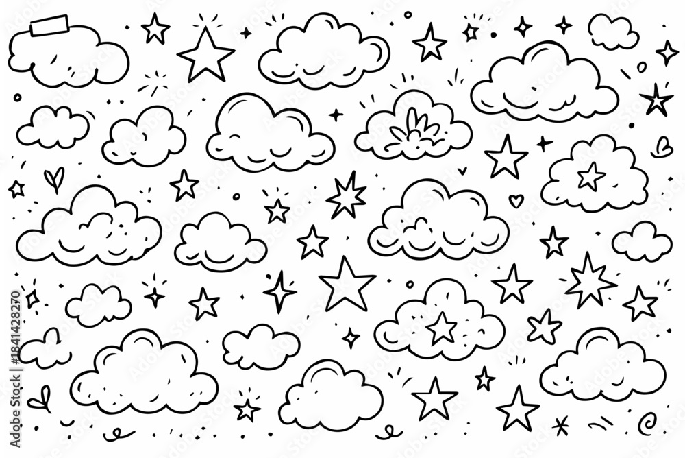 Hand-drawn doodle vector set of clouds and stars, created in a playful ...