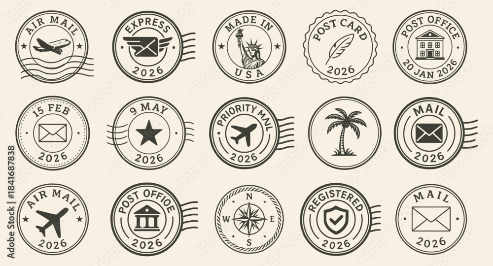 Postage stamp collection featuring mail themed circles. Each mark ...