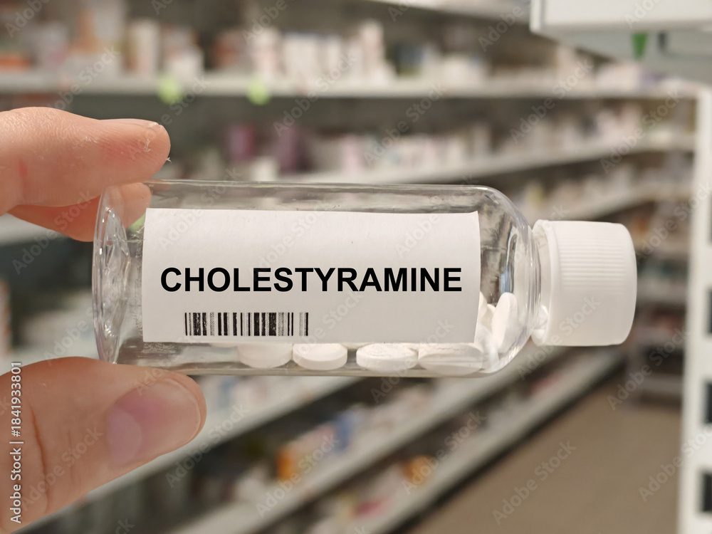 Box of CHOLESTYRAMINE tablets on a hospital pharmacy table used to ...