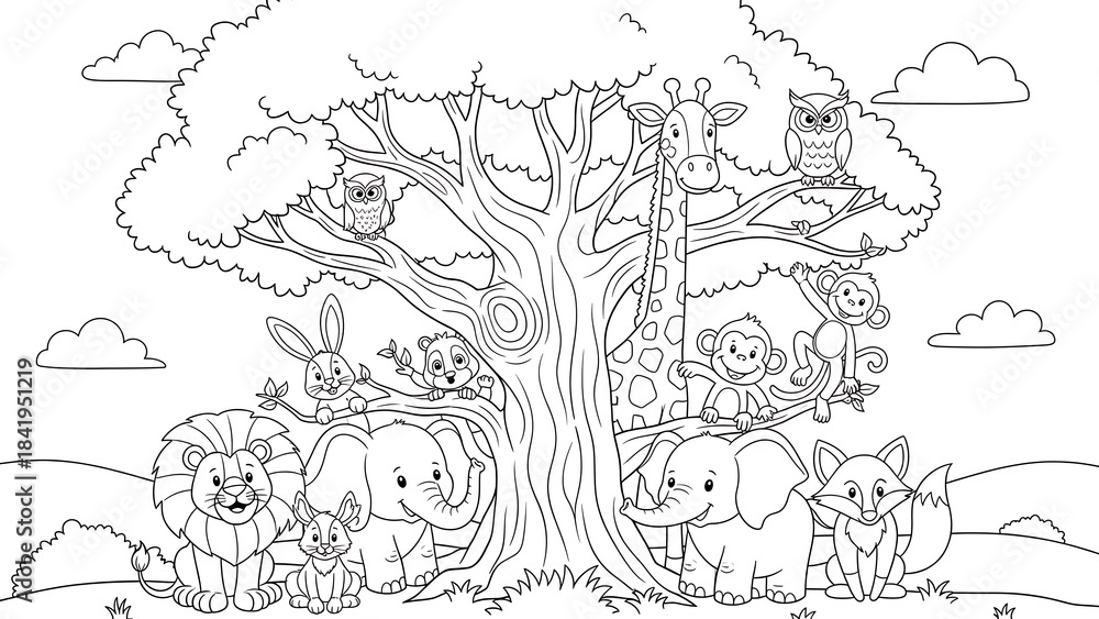 African Animals in the jungle and tree, coloring page for kids A4 F4 ...