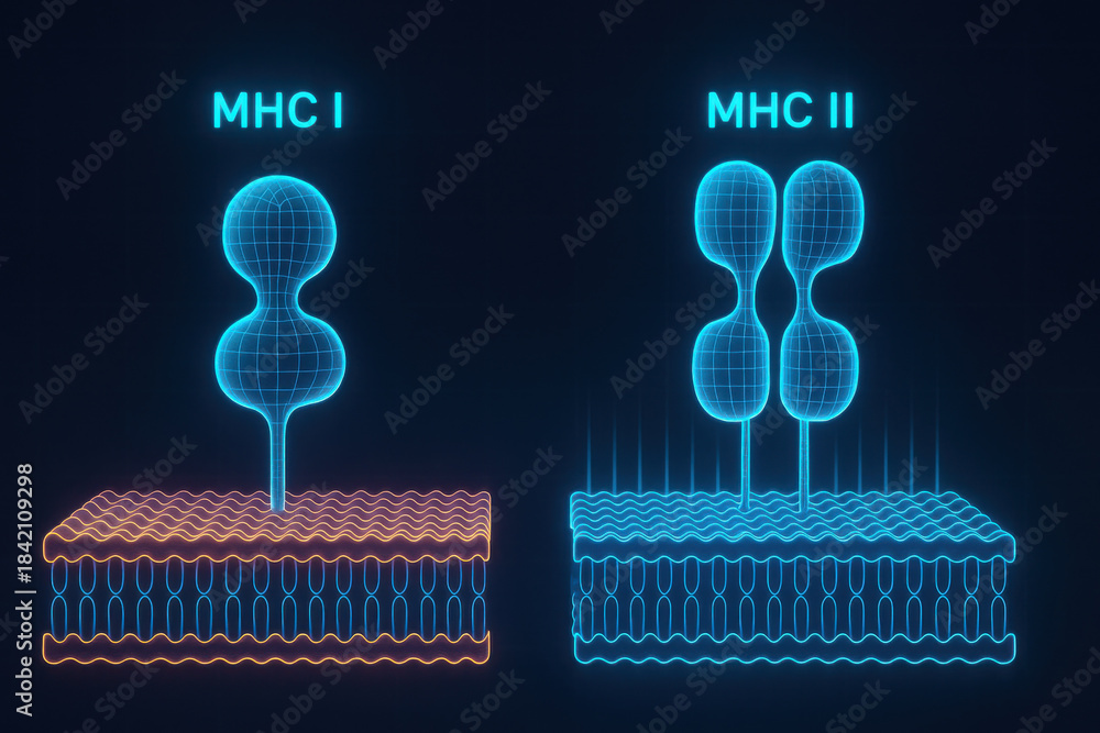 Ilustración de Stock Futuristic MHC molecule diagram with glowing neon ...