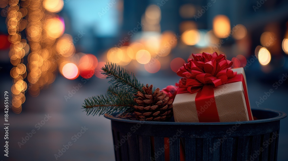christmas gifts in a trash can on the street, with a winter evening ...