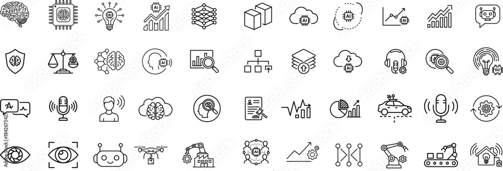 Ai and machine learning vector illustration icons set, neural network ...