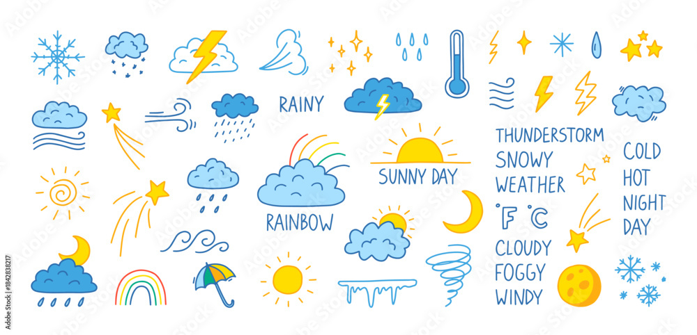 เวกเตอร์ Stock Cute weather doodle icons. Rain cloud, sun for forecast ...