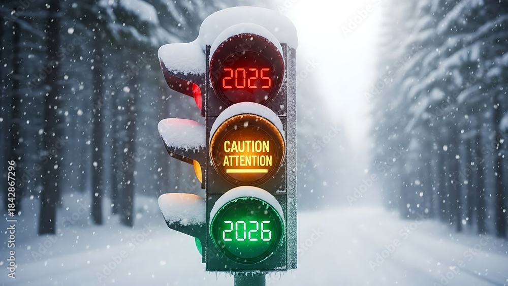 Traffic light shows 2025 red and 2026 green during a snowy winter day ...