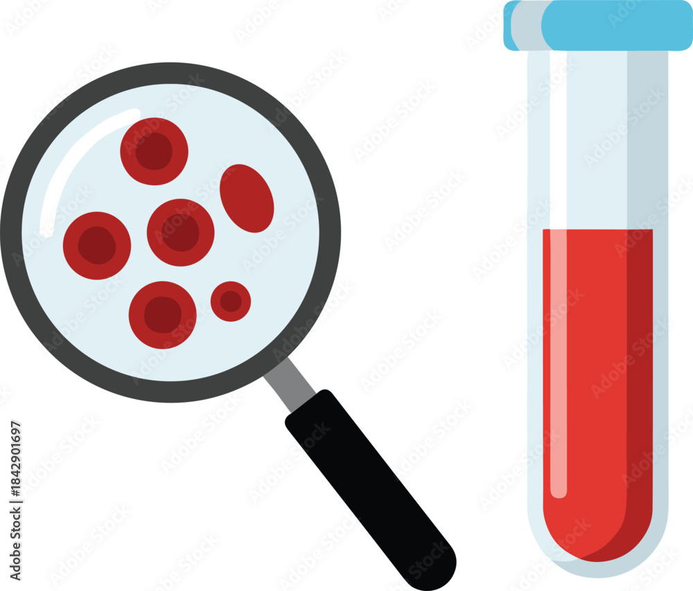 Blood sample analysis illustration with magnifying glass showing red ...
