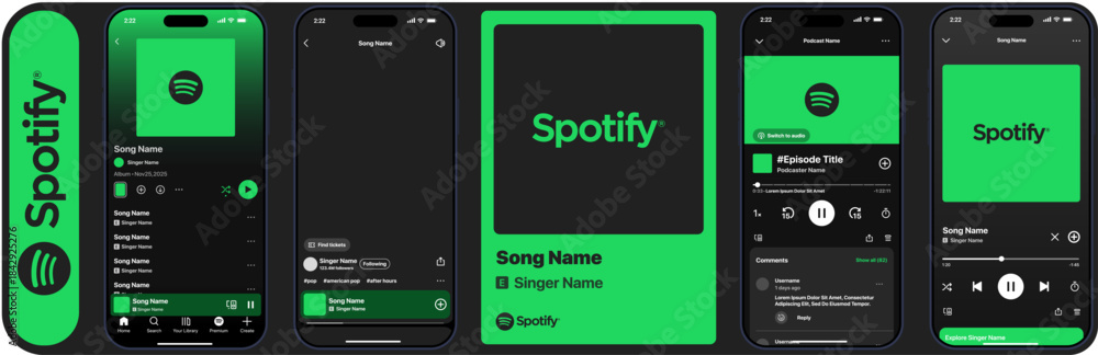 Spotify music and podcast player layout showing track list episode ...