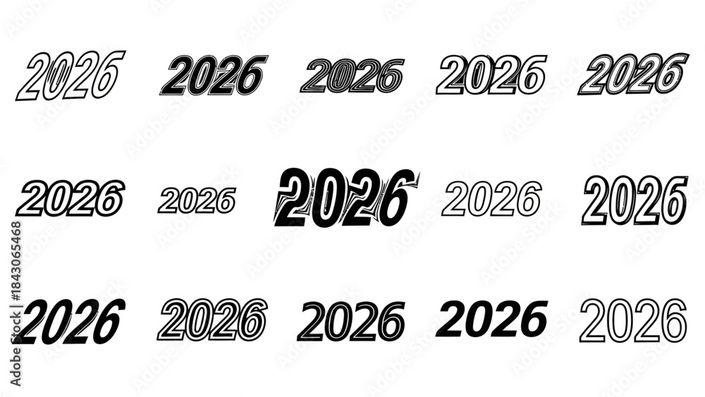 Multiple stylistic representations of the year 2026 in various fonts ...