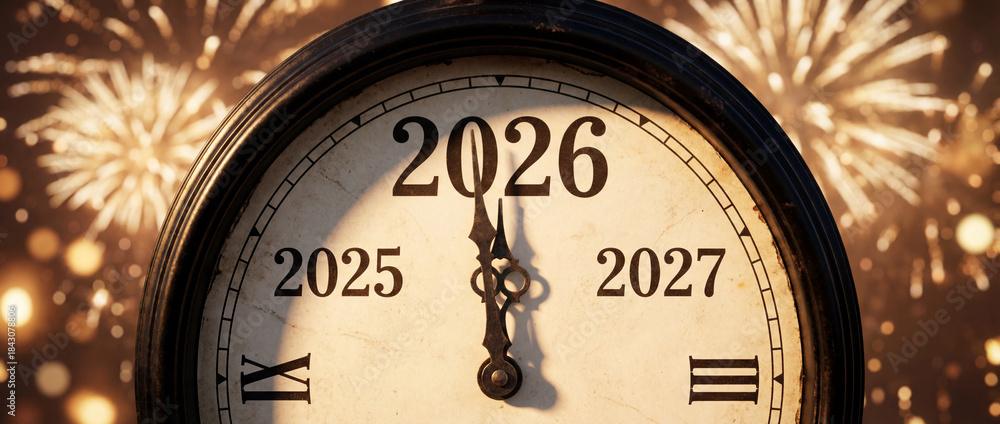 Close up of clock face showing year 2026 with fireworks background ...