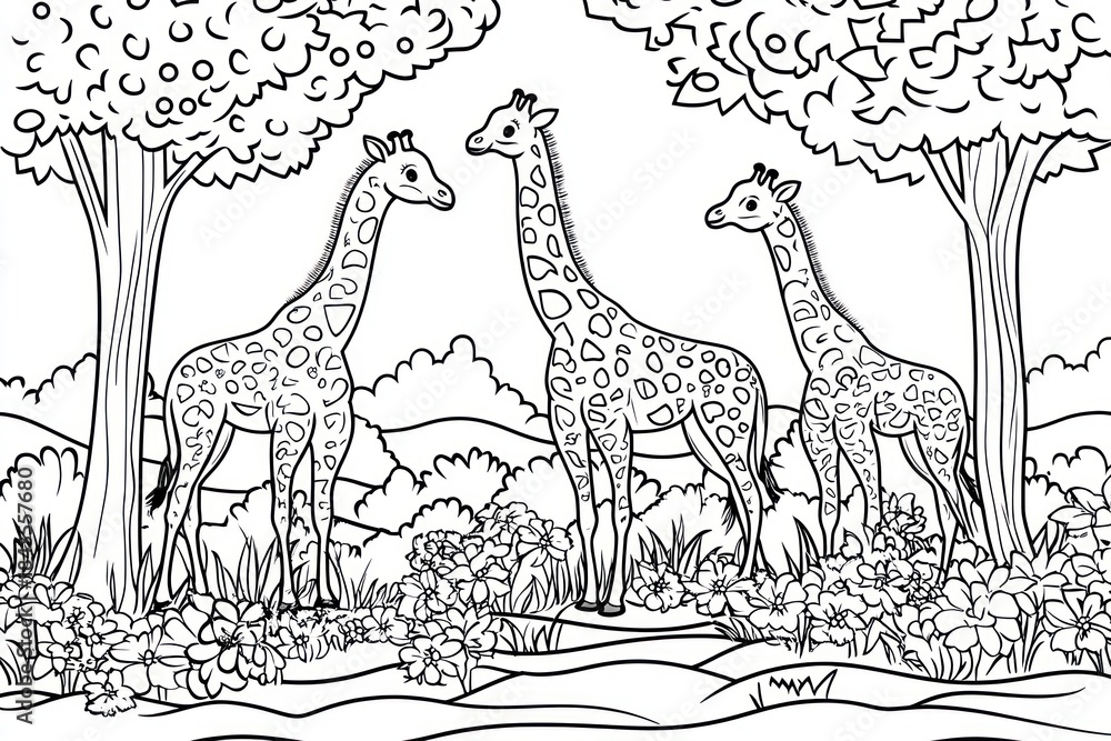 Three giraffes in a serene forest scene, black and white. Detailed line ...