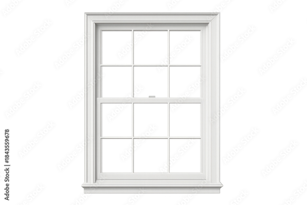 White classic sash window frame with muntins, providing a clear ...