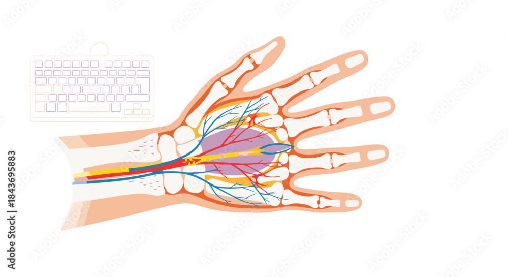 Medical diagram of the hand and wrist anatomy, illustrating the carpal ...