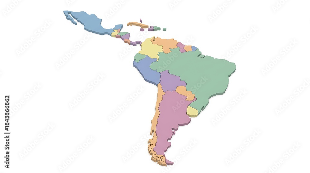 3D Map of Latin America and the Caribbean, showing individual countries ...