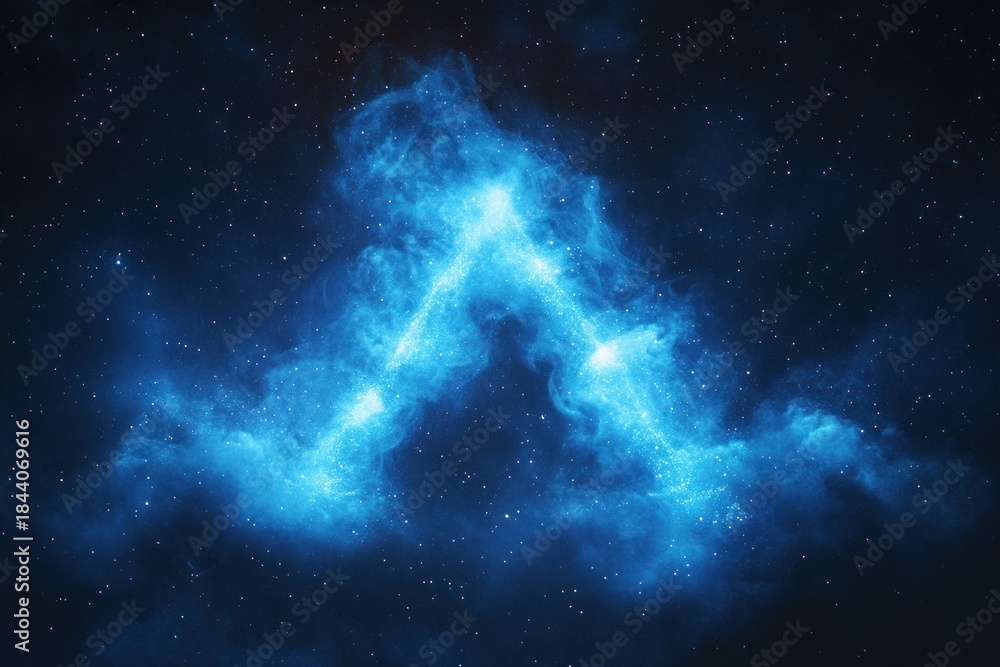 Glowing blue nebula forming an arching triangular shape in a star ...