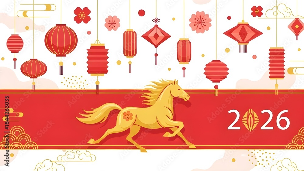 Chinese New Year 2026 Year of the Horse Illustration with Golden Steed ...